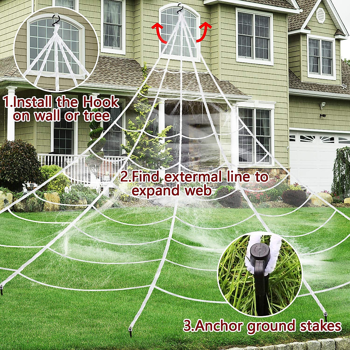 Halloween Decorations Outdoor, 200" Spider Web 60" Giant Spider with Extra Stretch Cobwebs and 10 Small Plastic Spiders, Halloween Outdoor Scary Decorations Yard Home Outside Parties House Décor
