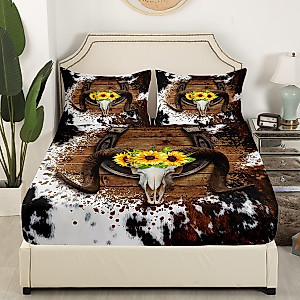 Castle Fairy Bull Head Cowhide Bed Sheet Set for Kids Boys Adults,Rustic Horseshoe Western Tropical Sunflowers Cow Print Fitted Sheet Set Queen 3 Pcs,Western Farmhouse Style Soft Microfiber Sheet Set