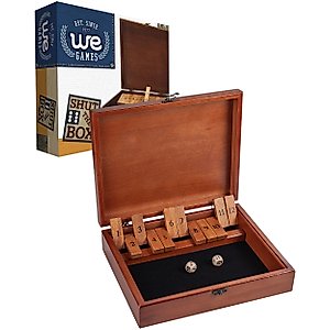 WE Games Shut The Box Game with 12 Numbers in an Old World Styled Wood Box with a Lid and a Brass Latch
