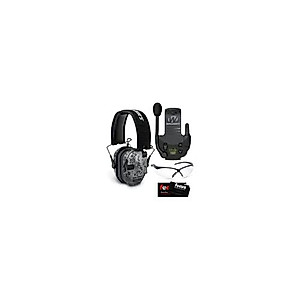 Walker's Razor Digital Ear Muffs (Raid Kryptek) Bundle with Walkie-Talkie and Sport Shooting Glasses (4 Items)