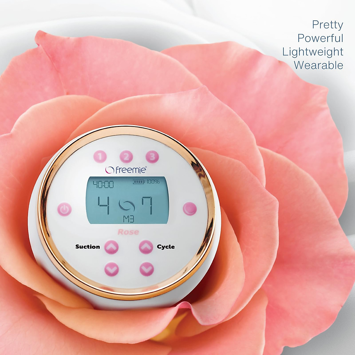 Freemie Rose Premium Hands-Free Wearable Breast Pump System | Quiet Rechargeable Mobile Breast Pump | Ultra-Discreet in-Bra Pink Cups | 3 Sizes Included