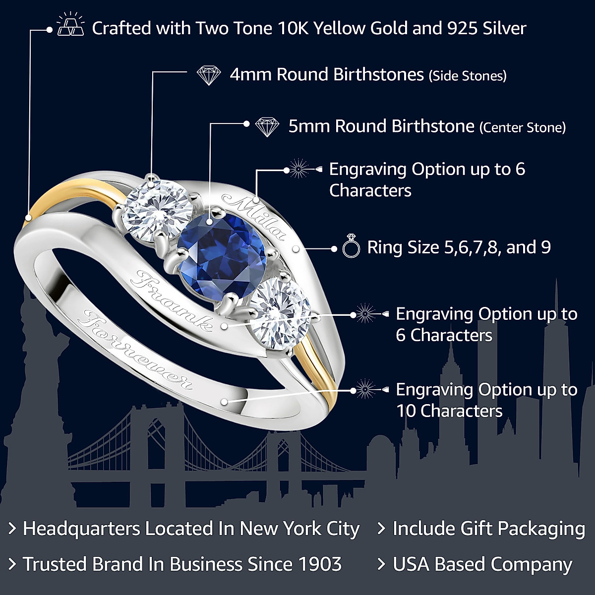 Gem Stone King 925 Sterling Silver and 10K Yellow Gold Personalized and Customized Name Engraved 3-Stone Round Gemstone Birthstone Ring For Women (Size 8)