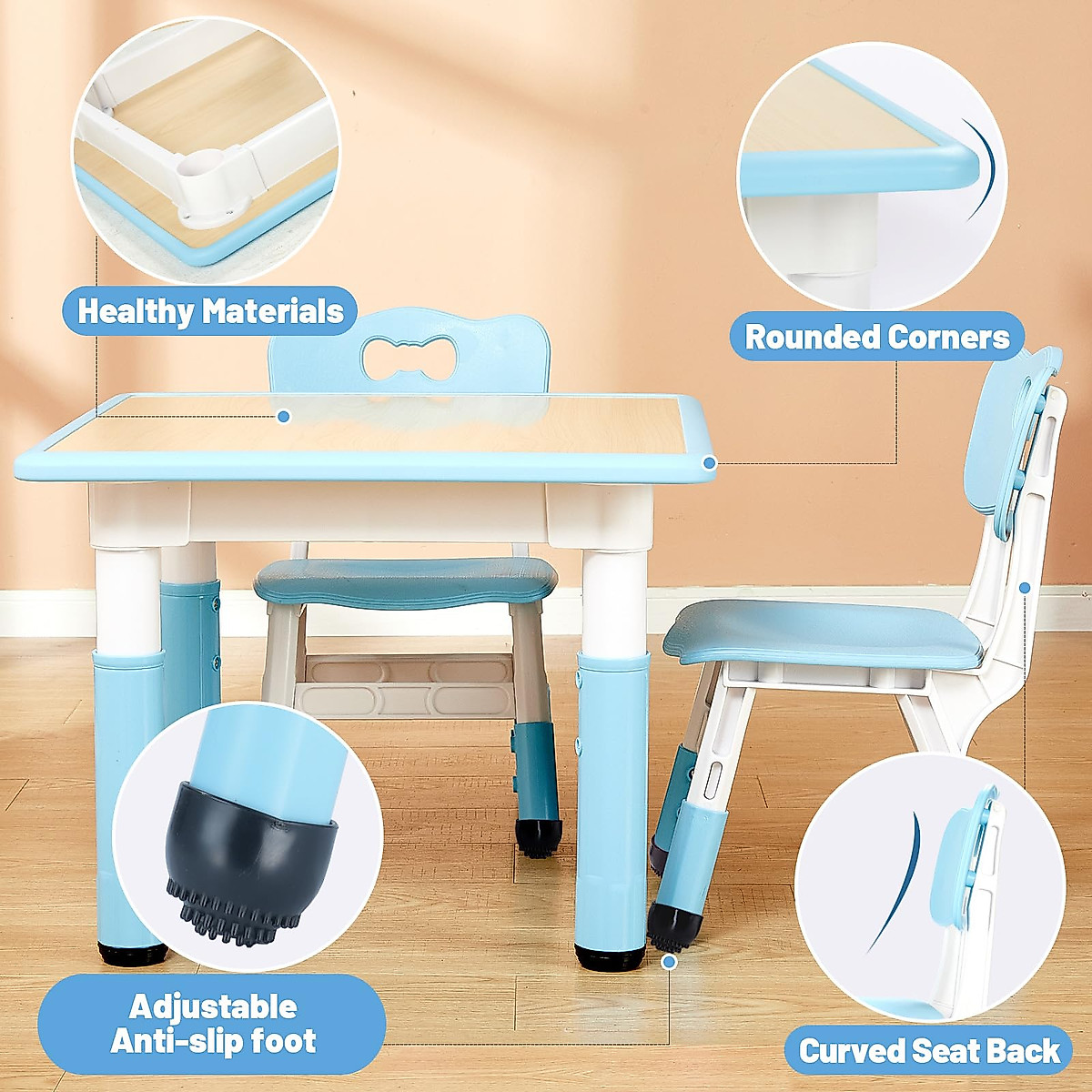 FUNLIO Kids Table and 2 Chairs Set, Height Adjustable Toddler Table and Chair Set for Ages 3-8, Easy to Wipe Arts & Crafts Table, for Classrooms/Daycares/Homes, CPC & CE Approved (3pcs Set) - Blue