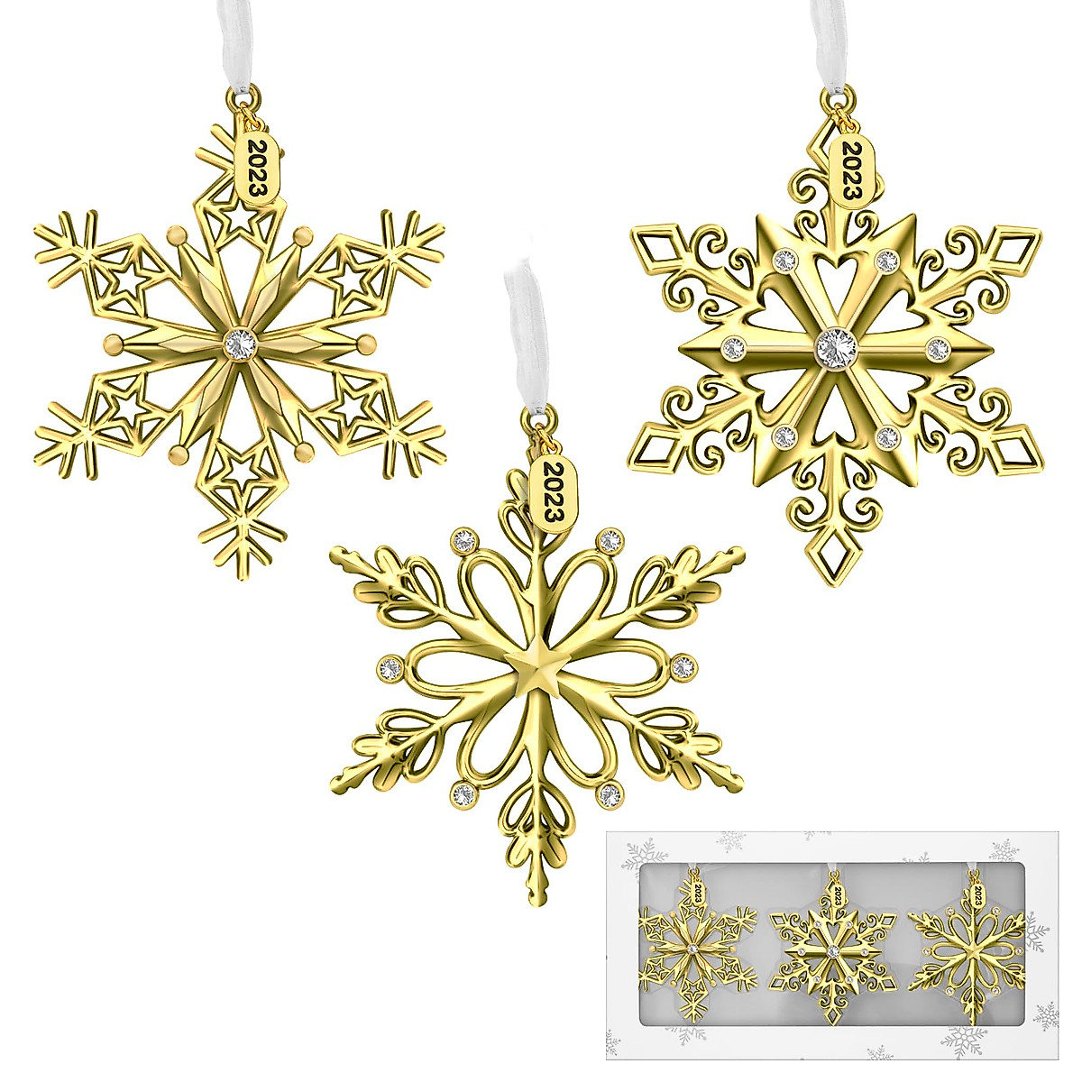 West style 2023 Golden Christmas Tree Ornaments Set 3 Pieces –Metallic Snowflake Hanging Home Deco Hanging Pendant Holiday Keepsake Gift (3 Pcs Set, Golden)