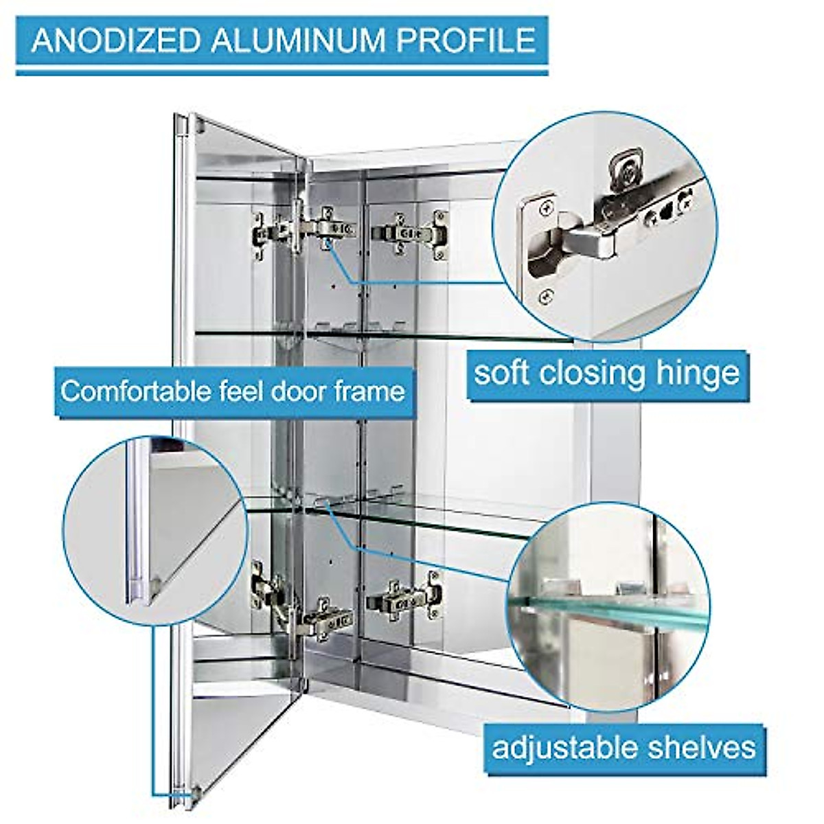 Fundin Aluminum Bathroom Medicine Cabinet with Framless Double Sided Mirror Door15 Inch x 24 Inch Recess or Surface Mount, Silver