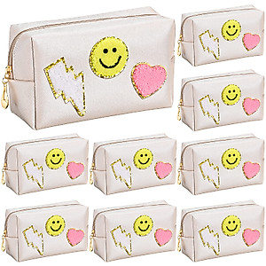 9 Pieces Preppy Patch Makeup Bag Chenille Letters Cosmetic Bag Smile Lightning Heart Pu Leather Portable Waterproof Toiletry Bag Travel Makeup Bag for Women (Gold, Smile, Lightning, Heart)