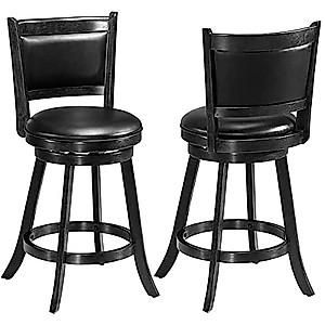 COSTWAY Bar Stools Set of 2, 360 Degree Swivel, Accent Wooden Swivel Back Counter Height Bar Stool, Fabric Upholstered Design, PVC Cushioned Seat (2 stools, Black 24'' Height)