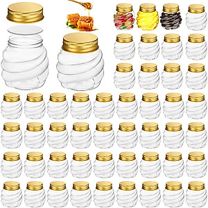 Suclain 50 Pcs 2 oz Honeycomb Plastic Jars with Gold Lids Mini Honey Jars Wide Mouth Canning Jars Small Spice Jars for Party Wedding Favors, Baby Shower DIY Gift Jelly Herb Jams Candy