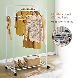 Hoctieon Double Rod Clothes Rack, 2 IN 1 Clothing Rack with Shelves and Wheels for Easy Mobility, Multi-functional Bedroom Garment Rack with 8 Hooks, White