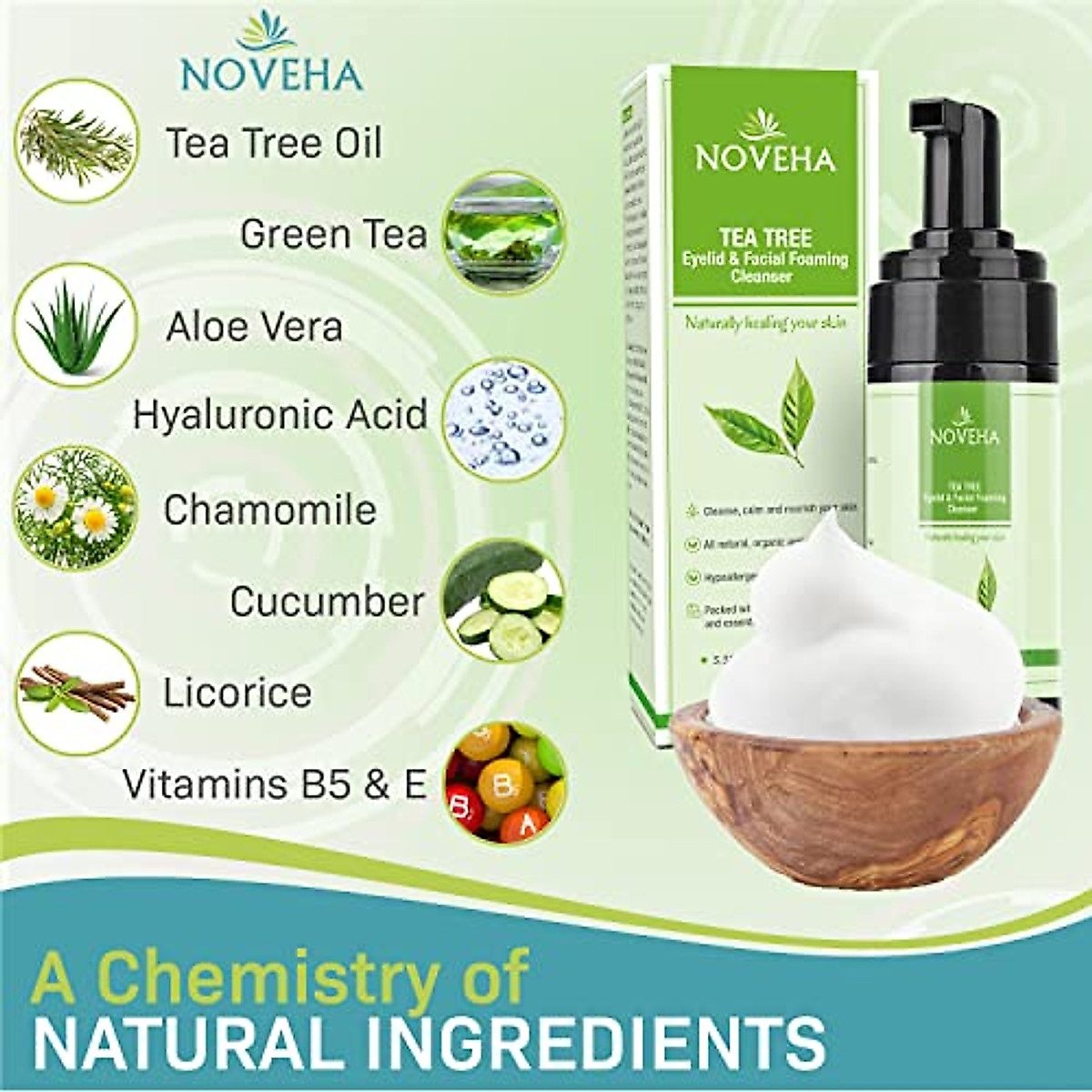 NOVEHA Tea Tree Oil Foaming Cleanser | Therapeutic Daily Skincare For Eyelash & lids, MGD, Eye Irritations, Stye Eyes, Skin Dryness, Moisturize with Organic Ingredients, For All Skin Types 3.38 Fl Oz