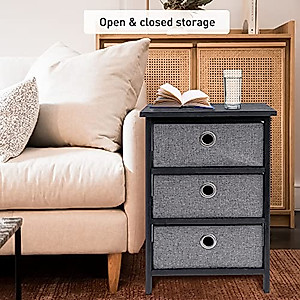 ECOMEX Nightstand with 3 Drawers, Small Night Stand Storage Dresser, Bedside Table Organizer Furniture Stand Unit for Bedroom, Fabric Dresser, Organizer Unit, Easy Pull Fabric Bins,Dark Grey