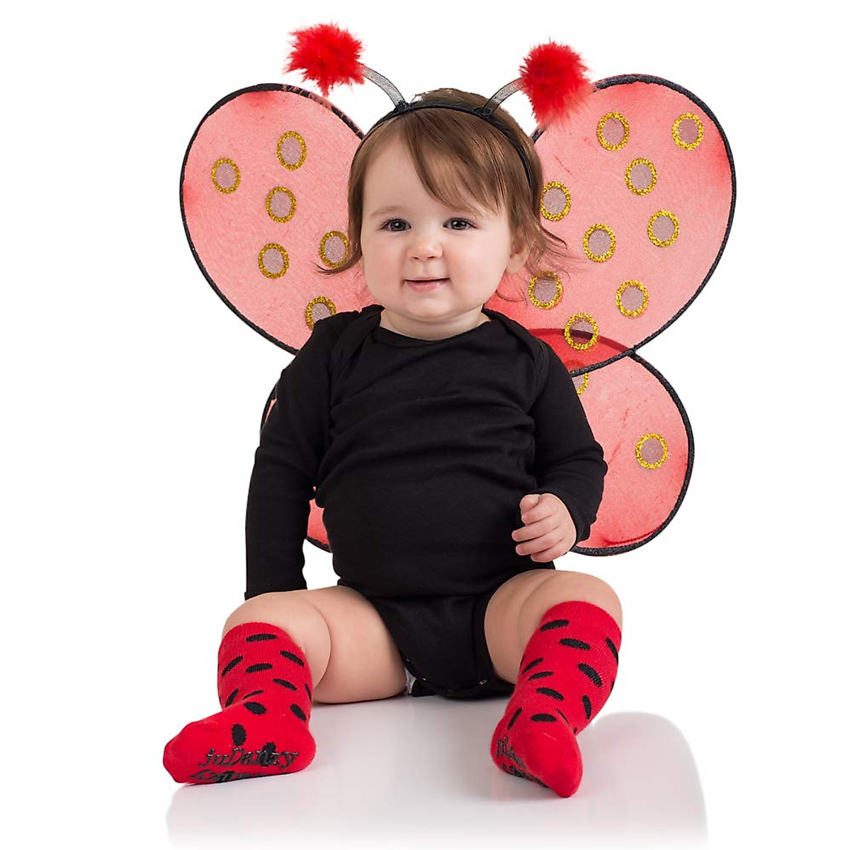 juDanzy Knee High Socks with Grips for Babies, Toddlers and Children (1 Pair) (4-6 Years, Red and Black Ladybug Dots)