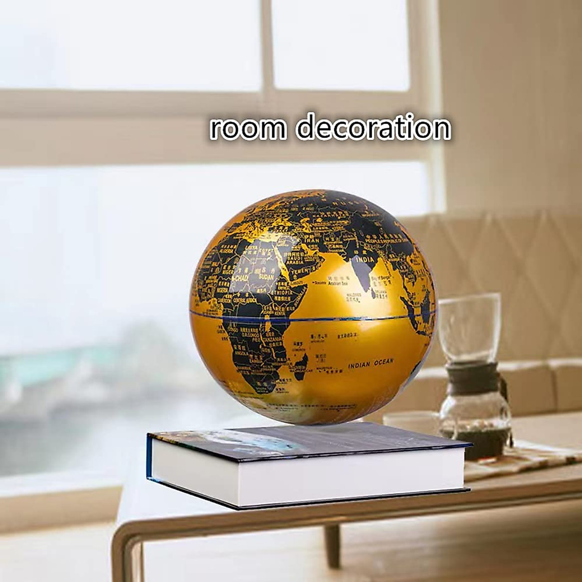 levitating globe,floating globe,cool stuff,360 degree rotation World Map Office Decor with LED Light Base,Gift for Men Father Boys,Spinning Globe Desk Levitating Decoration（gold）