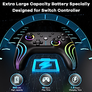 SWANPOW Switch Controllers Compatible with Switch/Lite/OLED, Wireless Switch Pro Controller with Full RGB Line Breathing LED, Programmable, 6-Axis, Adjustable Turbo, 4-Speed Dual Vibration, Wake Up