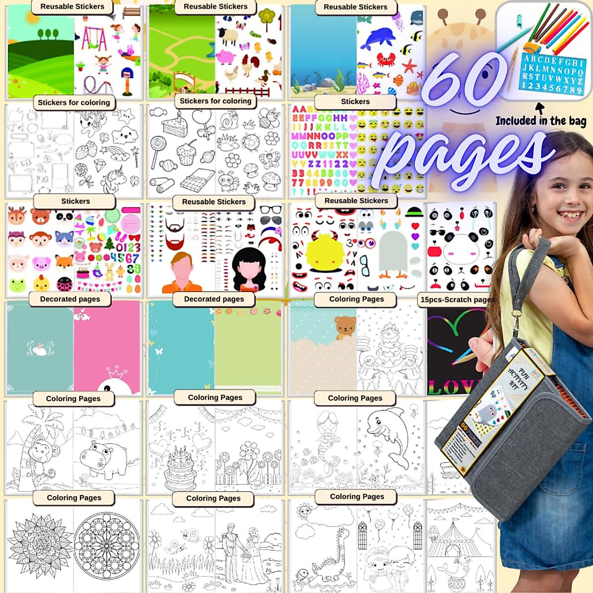 Activity Book for Girls and Boys - Premium Case Includes Large 60-page - 420 Stickers, Rainbow Scratch Papers, Reusable Stickers, Coloring Pencils, Numbers and Letters Stencil - Educational Toys Gift