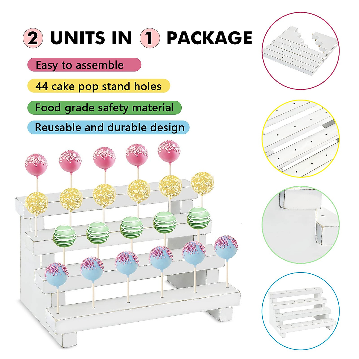 Anwelynd Pack 2 Cake Pop Stand Holder for Display, 44 Hole Solid Wood Lollipop Stand Holder for Weddings Baby Showers Birthday Parties Anniversaries Cake Pop Holder Cake Pop Stand