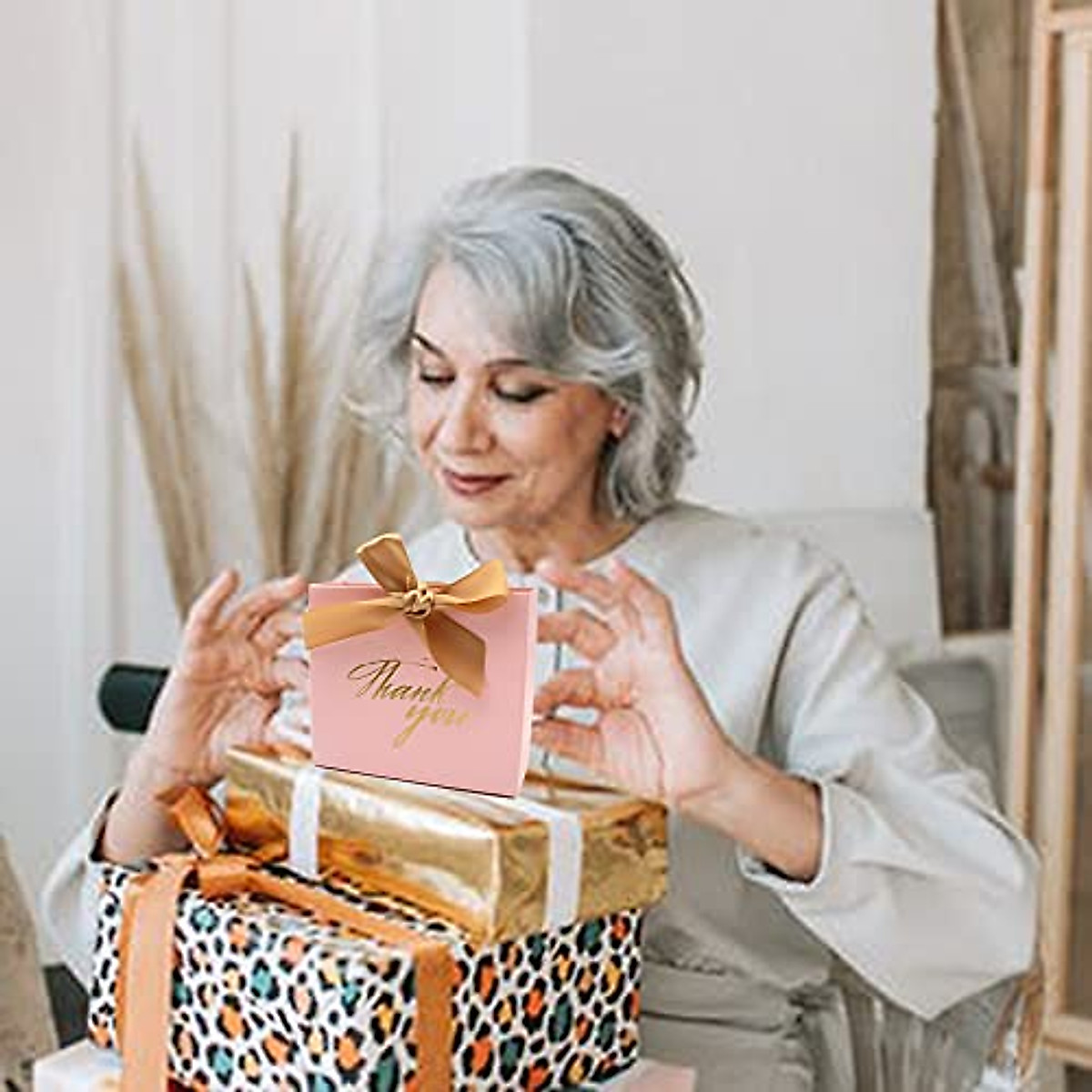 Pink Gift Bags 25Pack Extra Small Size Thank You Paper Gift Bags with Gold Bow Ribbon, 4.5x1.7x3.9 Mini Party Favor Treat Boxes for Wedding, Baby Shower, bridal, Holiday Gifts Bulk