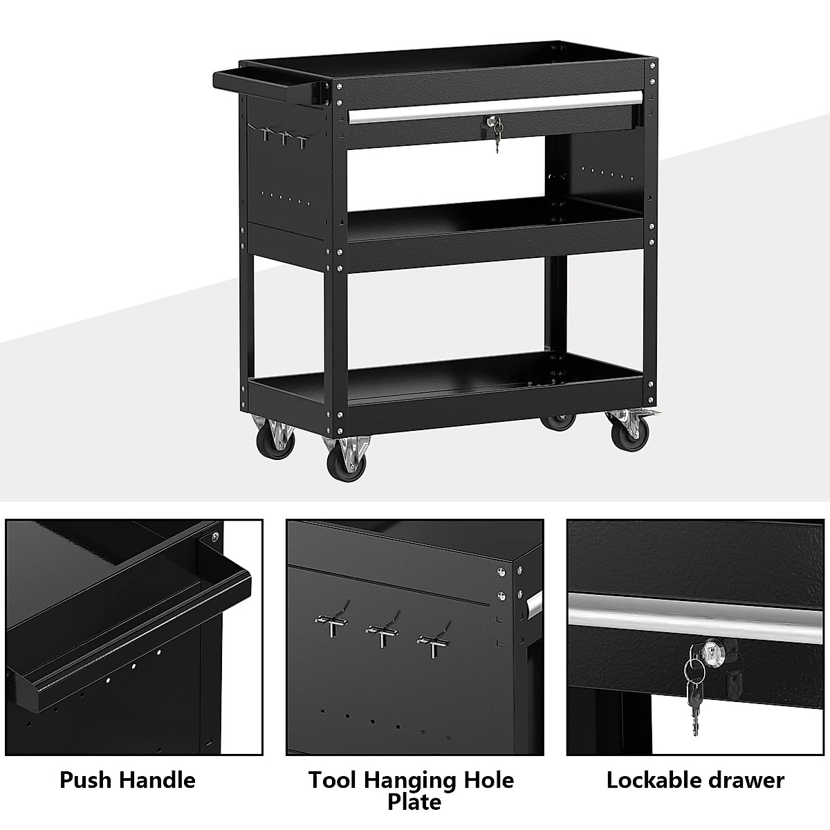 3-Tray Rolling Tool Cart,330 LBS Capacity Utility Tool Cart on Wheels with Lockable Drawers, 3 Tier Utility Tool Organizer Cart for Garage, Warehouse, Workshop & Repair Shop
