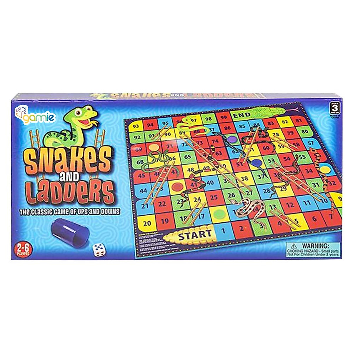 Gamie Snakes and Ladders Board Game for Kids, Complete Set with Board, 6 Pegs, and Dice, Classic Fun for Family Game Night and Classroom, Best Birthday Gift Idea for Boys and Girls