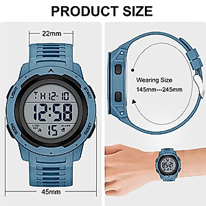GOLDEN HOUR Mens Waterproof Digital Sport Watches Wide Screen Easy Read Display Military Style with Blue Rubber Strap