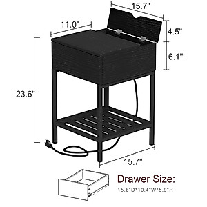 ChooChoo Nightstand with Charging Station and USB Ports, Rustic Side End Table with Drawer and Metal Shelf, Bedside Table for Small Spaces, Bedroom, Black