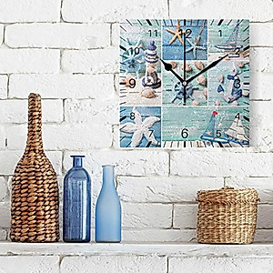 ALAZA Sea Anchor Lighthouse Ship's Wheel Ocean 7.9 Inch Square Wall Clock Battery Operated Non-Ticking Silent Quartz for Kitchen Home Living Room Office Bedroom(Black Pointer)