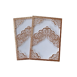 20sets 5.1x7.3 Inch Blank Rose Gold Laser Cut Floral Crown Pocket Quinceanera Invitation Cards with Envelopes for Birthday Bridal Shower Quince Invite Party Dinner (Champagne)