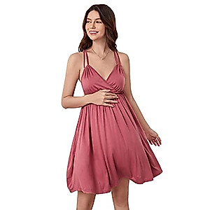 Verdusa Women's Maternity Crisscross Backless V Neck Loungewear Night Dress Watermelon Pink L