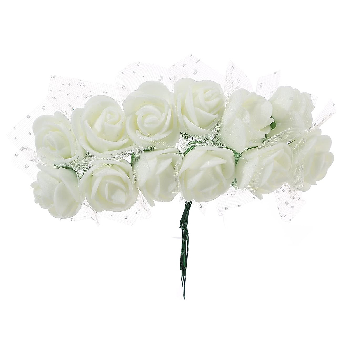 Gumolutin 144PCS Mini Fake Roses Artificial Foam Rose Heads with Wire Rods DIY Wedding Flowers Accessories Make Bridal Hair Clips Headbands Dress,Milk White