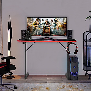 BestOffice 39" Gmaing Desk Computer Gaming Desk Z Shaped Gaming Workstation Ergonomic Gaming Table with Headphone Hook for Game Players (Red)