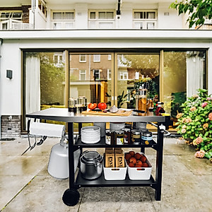 Skyflame Movable Outdoor Dining Cart Table, Three-Shelf Stainless Steel BBQ Grill Cart, Multifunctional Food Prep Flattop Worktable on Wheels for Kitchen, Pizza Oven, Patio Grilling Backyard