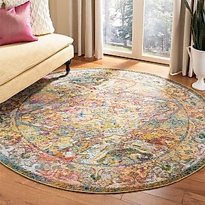 SAFAVIEH Crystal Collection Area Rug - 7' Round, Light Blue & Orange, Boho Chic Oriental Distressed Design, Non-Shedding & Easy Care, Ideal for High Traffic Areas in Living Room, Bedroom (CRS516A)