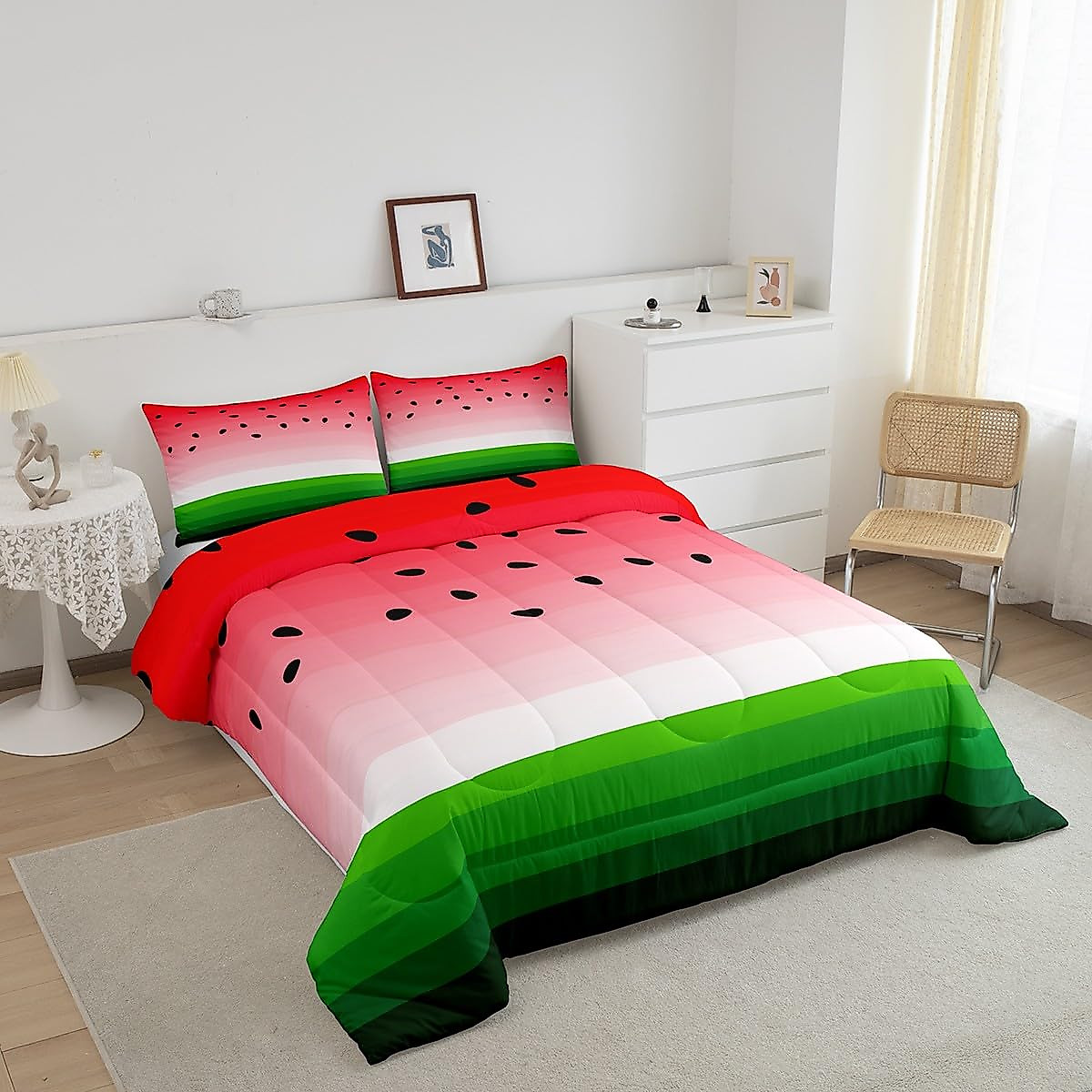 Feelyou Watermelon Comforter Set with Pillow Case Tropical Fruit Print Bedding Set Girls Women Twin Size Comforter Red Watermelon Soft Comforter Set Machine Washable Boys