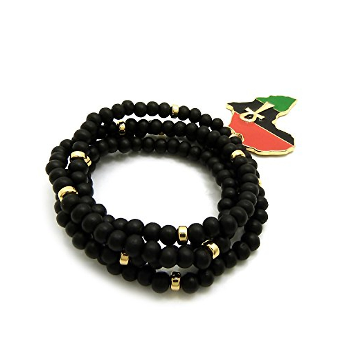 CBC Crown Pan African Colored Africa Map Continent Pendant on 26"/30" Wooden Bead Necklace in Gold or Silver Tone (30" - Black & Gold, Gold Ankh)