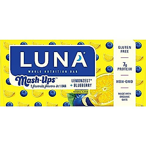 LUNA Mash-Ups - LemonZest + Blueberry Flavor - Gluten-Free - Non-GMO - 7-9g Protein - Made with Organic Oats - Low Glycemic - Whole Nutrition Snack Bars - 1.69 oz. (15 Count)