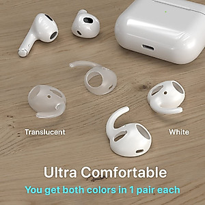 CharJenPro Patented Ear Hooks for AirPods Pro and AirPods 3 (3rd Generation). Stays in Ears, Ultra Comfortable, Covers Never Falls Off. (White & Translucent)