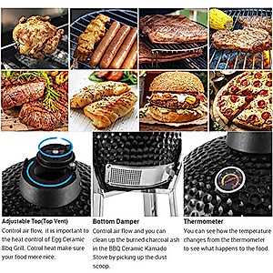 RJMOLU 21" Big BBQ Grill, Smoker, Roaster and Grill with 2 Foldable Wooden Side Shelves, Multifunctional Ceramic Barbecue Grill for Picnic Garden Terrace Camping Travel