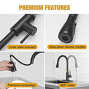 BESy Brass Single Handle Kitchen Faucet with Pull Down Sprayer,Rv High-Arc Kitchen Sink Faucet with Pull Out Sprayer,Single Lever 3 Function Laundry Room Faucet,Matte Black (1 or 3 Hole)