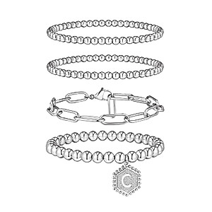 doubgood Silver Bracelets for Women, Stackable Initial Beaded Bracelet with Letter Pendant C Stretch Trendy Stack Jewelry Set for Mother's Day Valentines Gifts for Her