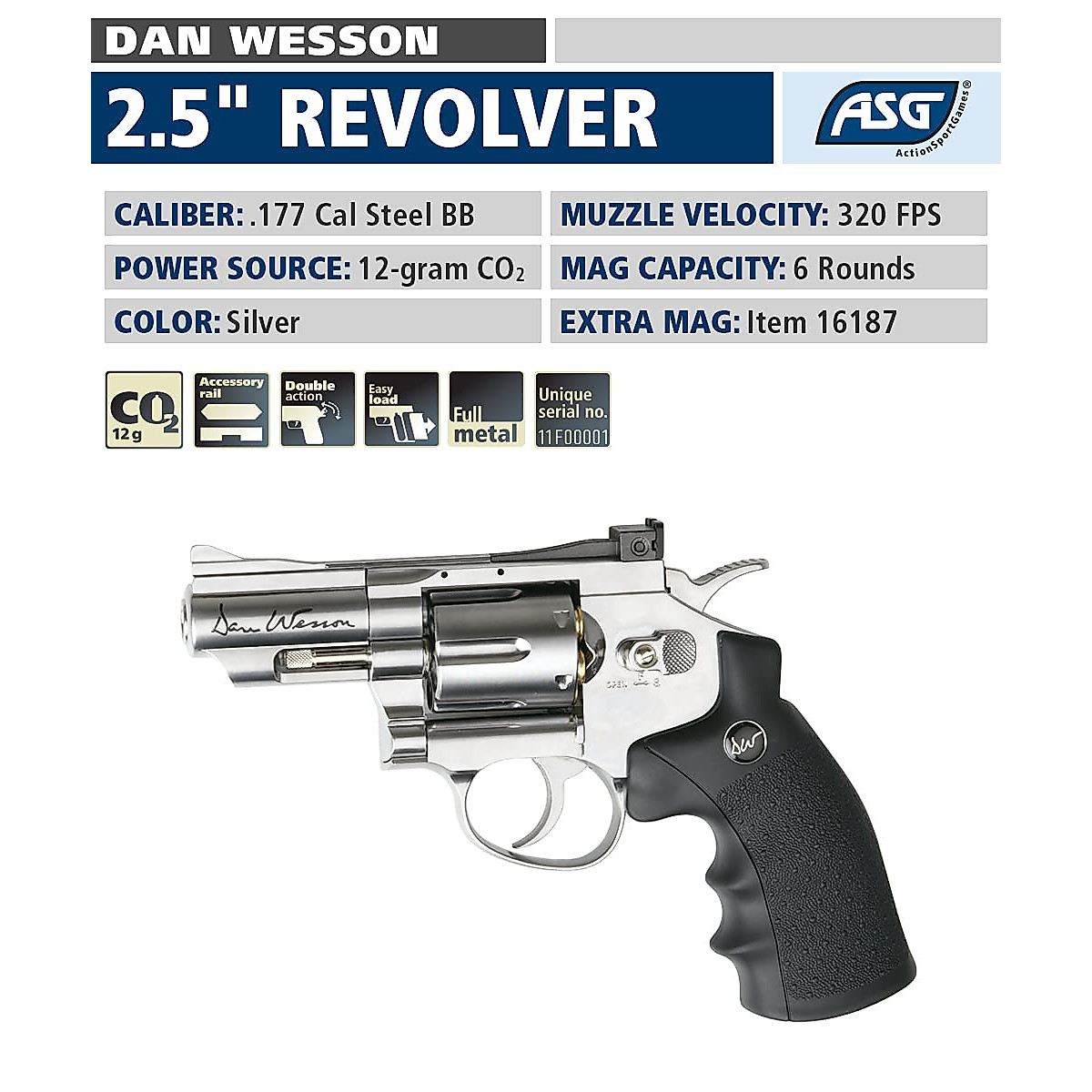 ASG Dan Wesson 2.5" Airgun - Double Action Trigger, Adjustable Rear Sight, Speed-Loader - .177 Cal/4.5mm CO2 BB Gun Pistols - 6 Cartridges, Silver