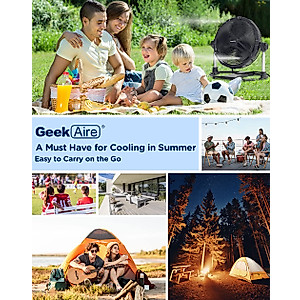 Geek Aire Battery Operated Fan with Adjustable Height and tilt, 16'' Portable Rechargeable High Velocity Misting Floor Fan with Detachable Battery, Up to 10 Hours for Outdoor Patio and Camping Gear