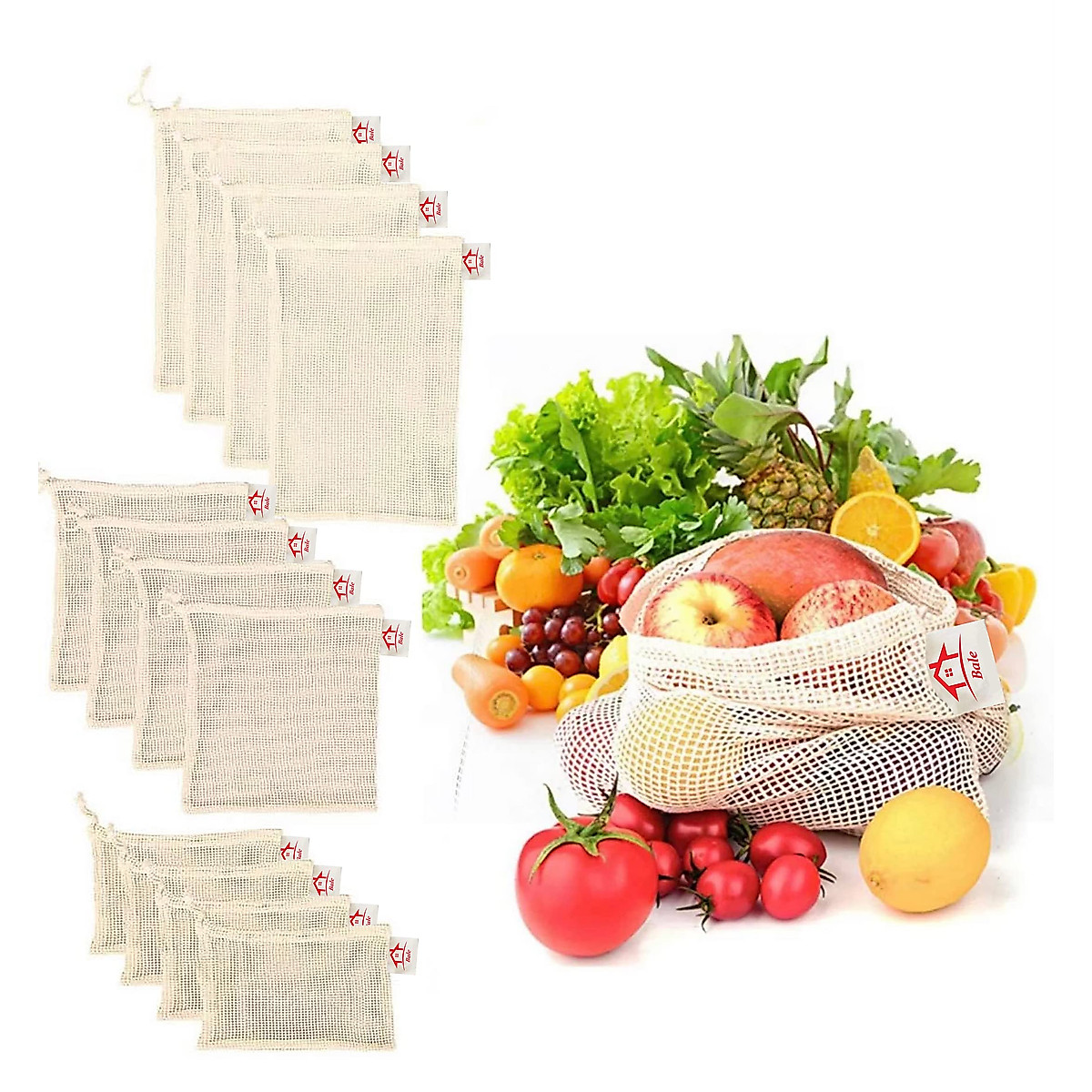 BaLe Set of 12 Reusable Produce Bag,Washable Reusable Organic Net Laundry Cotton Mesh Bag,Drawstring Bags for Grocery & Storage