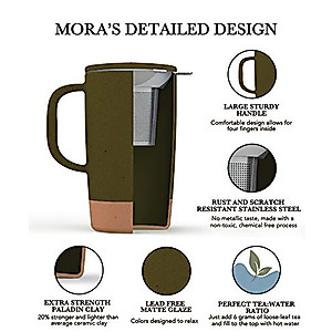 Mora Ceramics Large Tea Mug with Loose Leaf Infuser and Ceramic Lid, 18 oz, Portable, Microwave and Dishwasher Safe, Tall Coffee Cup - Rustic Matte Ceramic Glaze, Modern Herbal Tea Strainer, Olive