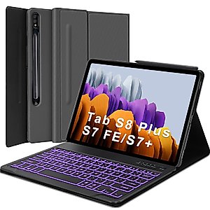 Samsung Galaxy Tab S8 Plus/S7 Plus /S7 FE Keyboard Case 12.4 inch, 7 Colors Backlit and Detachable Wireless Keyboard & Slim Stand with S Pen Holder for Tab S7 FE 2021/S7 Plus 2020/S8+ 2022, Gray