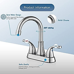 Cinwiny Bathroom Sink Faucet 4 Inch 2 Handle Bathroom Faucet 360° Swivel Spout Deck Mounted Vanity Faucet with Water Supply Hoses,Polished Chrome,Without Drain