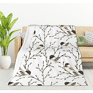 HGOD DESIGNS Bird Throw Blanket Flannel Fleece Blanket Willow Branches and Birds Black-Capped Chickadee Lightweight Throw for Bed Sofa Travel Teens Birthday s 50" x 60
