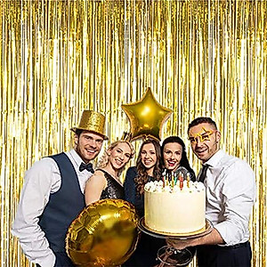 2 Pcs 3.2ft x 8.2ft Shiny Gold Metallic Tinsel Foil Fringe Curtains Photo Booth Backdrop for Birthday Wedding Holiday Celebration Bachelorette Party Decorations (Gold)