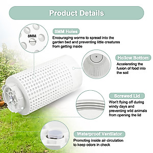 WSEYU Inground Worm Farm Composter, Outdoor In-Ground Worm Compost Bin for Raised Garden Beds and Yards, In Ground Worm Composting Bin 2 Gallons for Recycling Scraps, 6.3"x6.3"x12", BPA Free, White