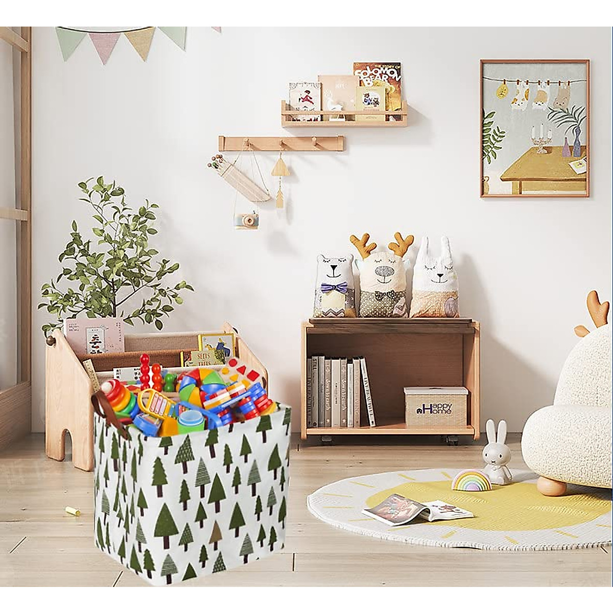 Sanjiaofen Square Woodland Storage bin, Nursery Basket,Collapsible Green Storage Box with Handles for Nursery Storage. (Square Tree)
