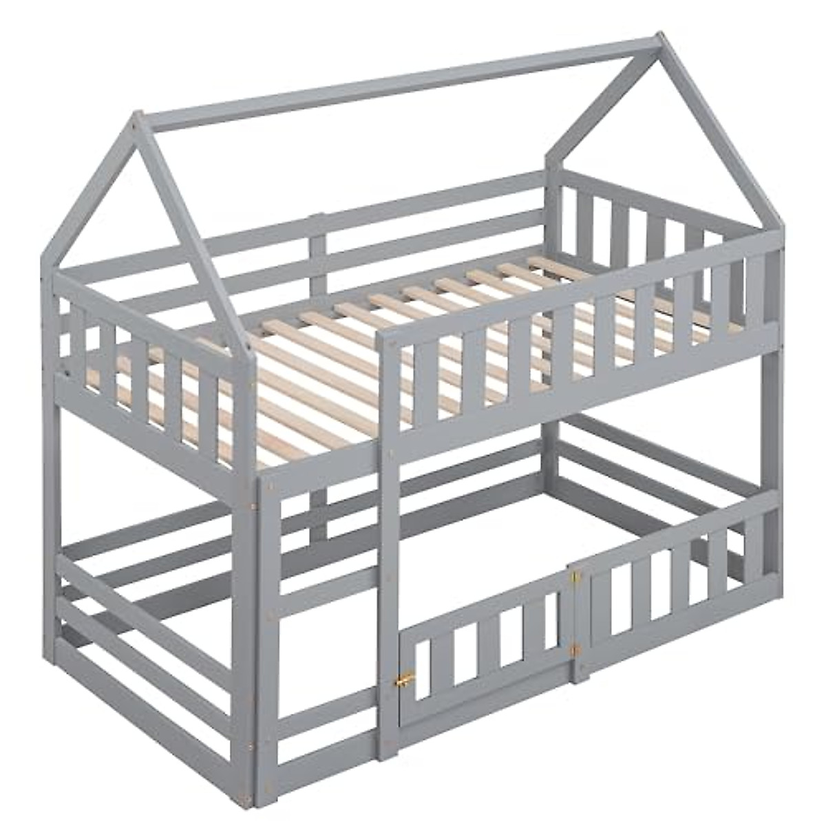 BOVZA House Bunk Bed for Kids Twin Over Twin Size Floor Low Bunk Bed with Fence and Door Wood Loft Bunk Bed Frame for Boys Girls, Gray
